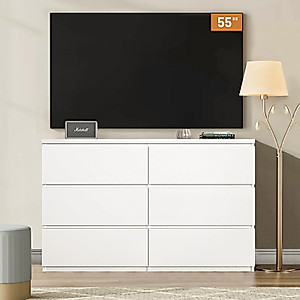 UZUGUL White Dresser for Bedroom, 48'' Modern 6 Drawer Dresser with Deep Drawer,Storage Chest of Drawer, Wood Dresser,Bedroom Dresser Furniture,TV Dresser for Living Room