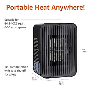Amazon Basics Ceramic Space Heater, Electric Heater for Indoor Use With 3 Heat Settings, Temperature Control, Lightweight (1.7 LBS), 520W, 5.1"L x 3.5"W x 7"H