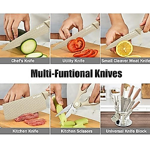 Kitchen Knife Set, 8-Piece Khaki Super Sharp Knife Set with Block, Kitchen Knife Block Set Stainless Steel Sturdy Durable Kitchen Knives, Non-stick Cooking Knives Sets with Knife Shapener (Khaki)