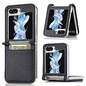 XINDEMEI for Samsung Galaxy Z Flip 5 5G Case Built-in Card Slots Leather Flip Case All-Inclusive Shockproof Protective Cover (Black)