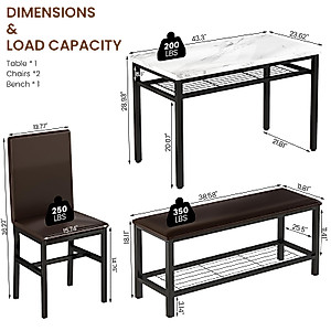 AWQM Dining Table Set for 4 with Bench and Chairs,Faux Mable Small Kitchen Table and Chairs for 4 w/Storage Rack, Dining Room Table Set for Small Spaces, Apartment,White+Brown