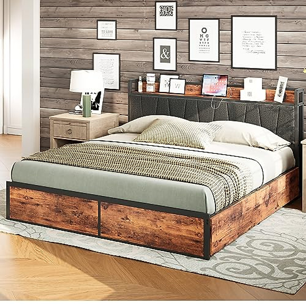 LIKIMIO King Bed Frame with 4 Storage Drawers, Platform Bed with Charged Headboard, Sturdy and Stable, No Noise, No Box Spring Needed, Easy to Install