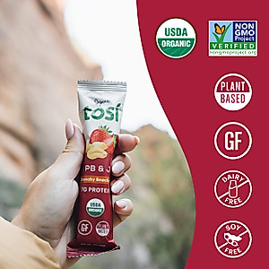 Tosi Peanut Butter & Jelly Protein Bars, Plant Based with Nuts, Gluten-Free Crunchy Snacks, Vegan, Organic, Flax & Chia Seeds, Soy-Free, Omega 3s, 7G Protein, 1 oz, 12-Pack