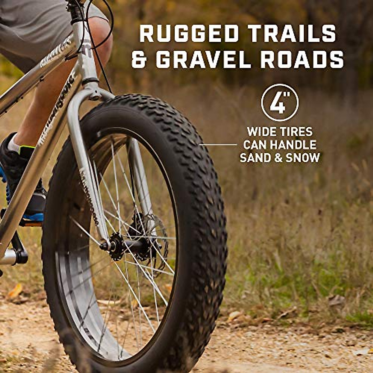 Mongoose Malus Mens and Womens Fat Tire Mountain Bike, 26-Inch Bicycle Wheels, 4-Inch Wide Knobby Tires, Steel Frame, 7 Speed Drivetrain Bicycle, Shimano Rear Derailleur, Disc Brakes, Silver/Black