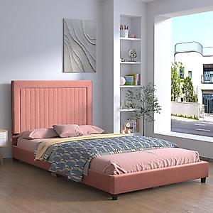 Twin Frame Bed for Kids, Adjustable Height Headboard Children's Bed, Wooden Slat Base Toddler Twin Bed,Children's Bedroom Furniture for Boys and Girls, Fits Standard Twin Mattress(75"Wx39"D) (Pink)