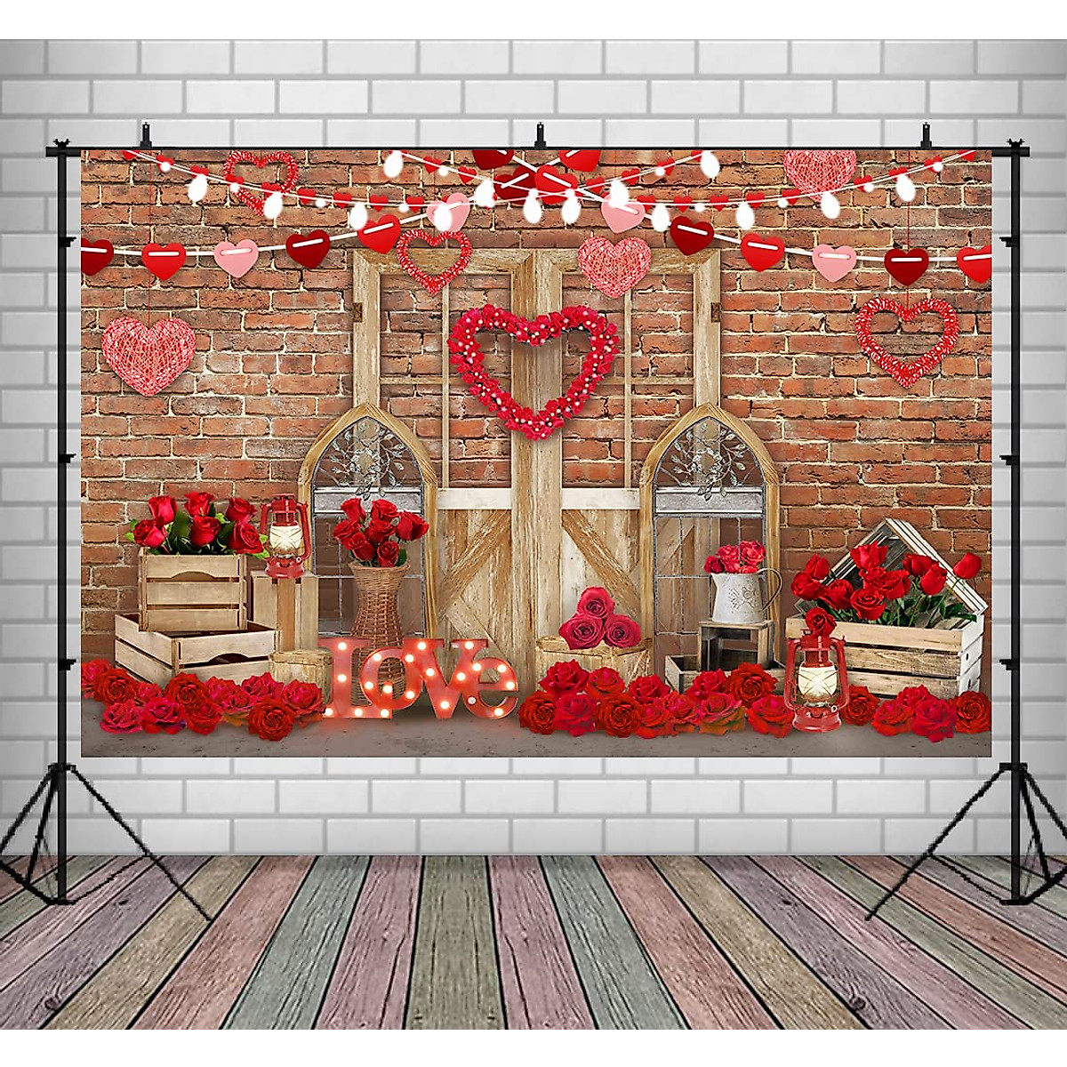 Lofaris Valentine's Day Party Backdrop for Photography Rustic Wood Door Brick Wall Red Heart Mother's Day Background Birthday Baby Shower Portrait Photo Booth Props 9x6ft