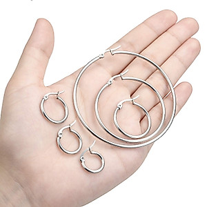 Yanxyad 6 Pairs Stainless Surgical Steel Hoop Earrings Set 316L Small Big Rounded Clasp Hoop Earrings Hypoallergenic Cartilage Tiny Click-Top Lightweight Cute Jewelry for Women Men（10 12 15 20 40 60mm）