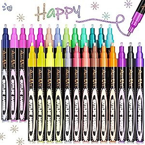 Aen Art Double Line Outline Pens, 26 Colors Shimmer Outline Marker Set, Self-Outline Metallic Markers. Perfect for Doodling, Drawing and Calligraphy