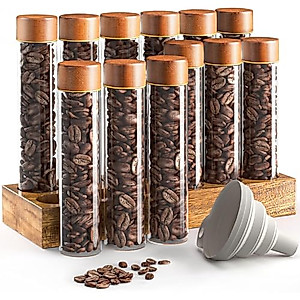 Coffee Bean Cellars with Stand & Hopper, Single Dose Coffee Bean Storage, 12 Pcs Espresso Bean Container with Wooden Holder, Dosing Glass Vials with Lids and Funnel for Tea, Coffee, Spices