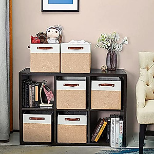 Jossens 11 Inch Fabric Baskets with Leather Handles,Foldable Cubes Storage Bins Set of 4 for Cube Organizer Home Toy Nursery Closet Bedroom(Khaki)