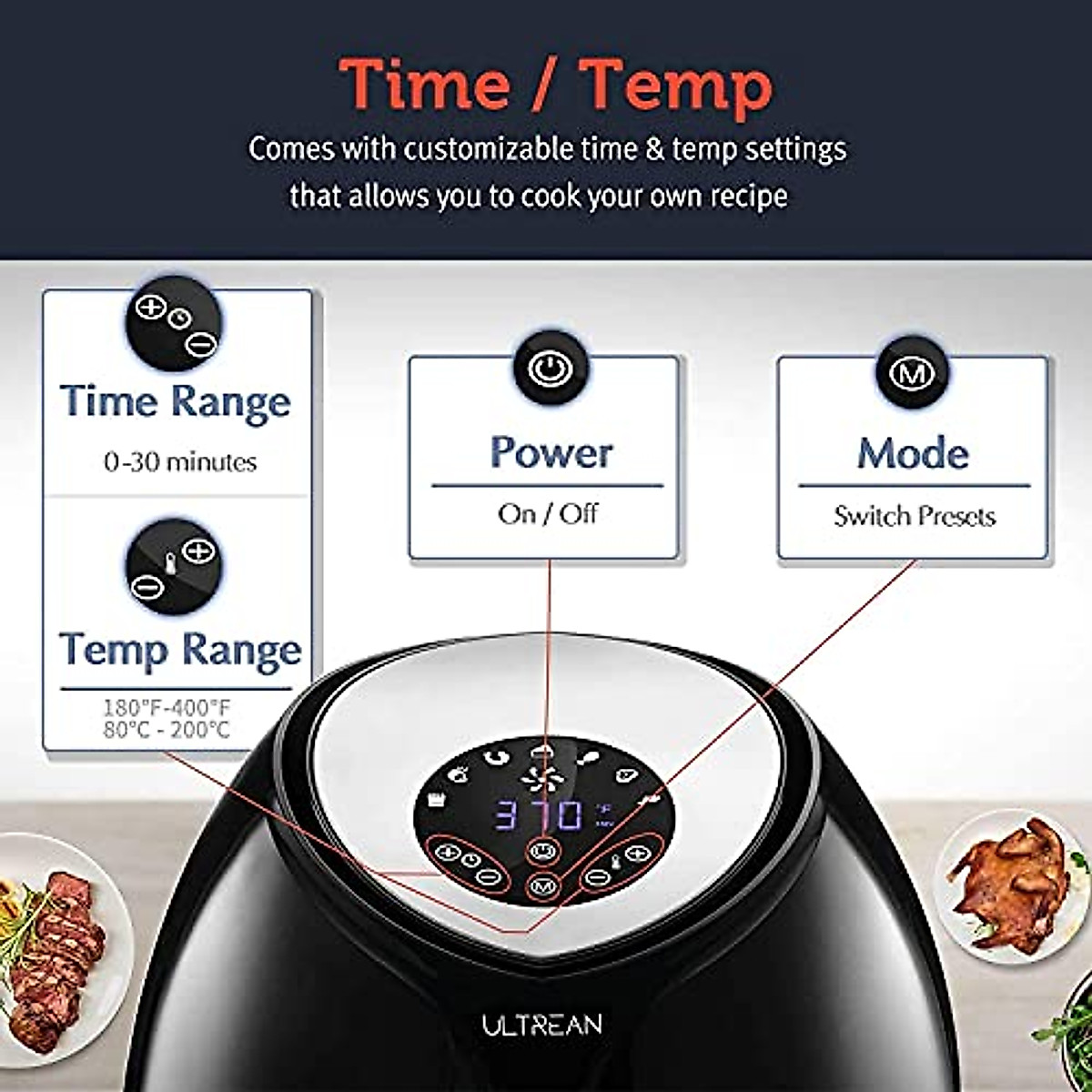 Ultrean Air Fryer 6 Quart , Large Family Size Electric Hot Airfryer XL Oven Oilless Cooker with 7 Presets, LCD Digital Touch Screen and Nonstick Detachable Basket,UL Certified,1700W (Black)