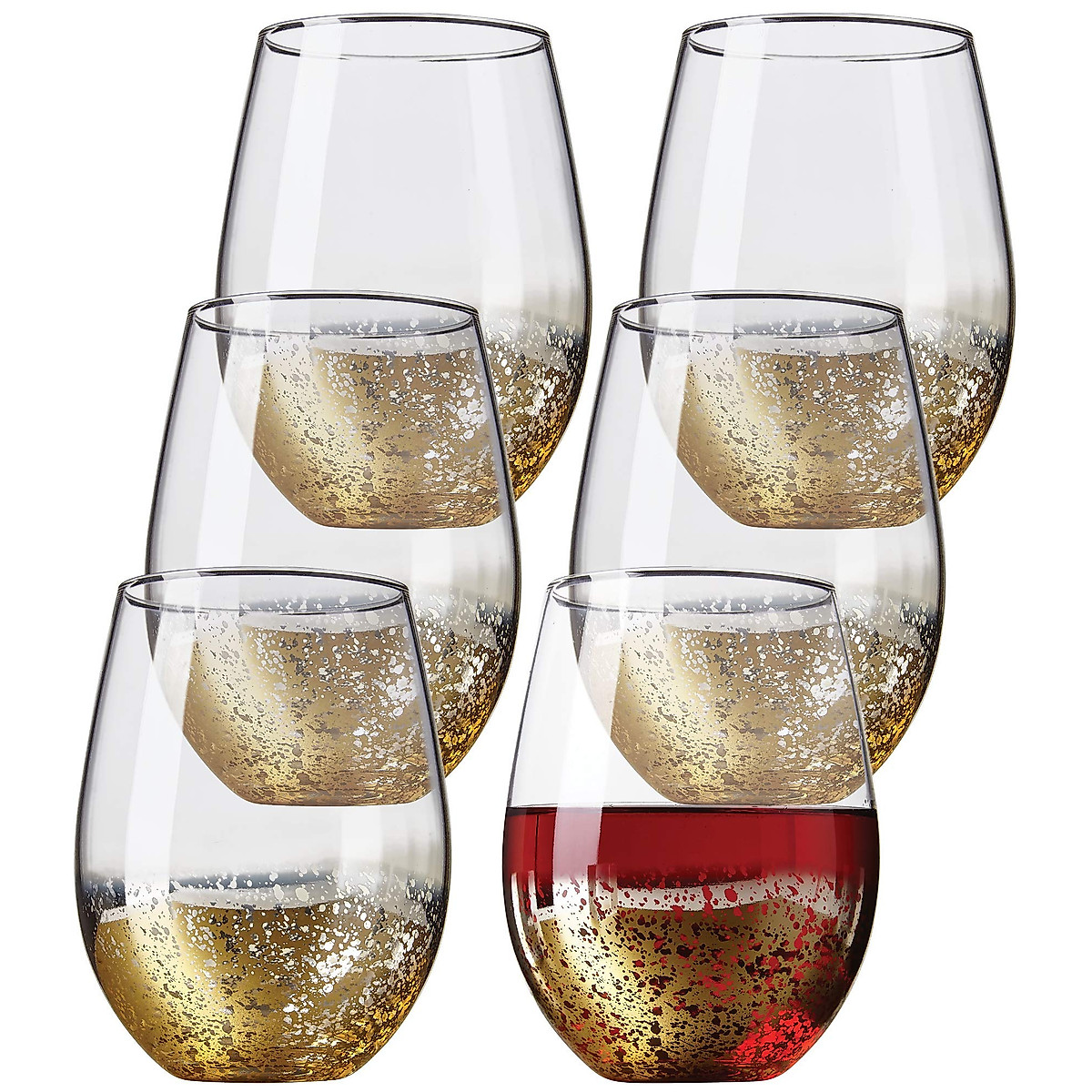 Kitchen Lux 18 oz Gold Rimmed Stemless Wine Glasses for Parties – Set of 6 Gold Wine Glass Cocktail Tumblers – Large Crystal Clear Wine Cups - Deluxe Glassware Gift for Christmas - Dishwasher Safe