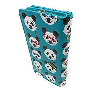 Shag Wear Panda Repeat Large Animal Wallet for Women and Teen Girls Vegan Faux Leather 7" Teal