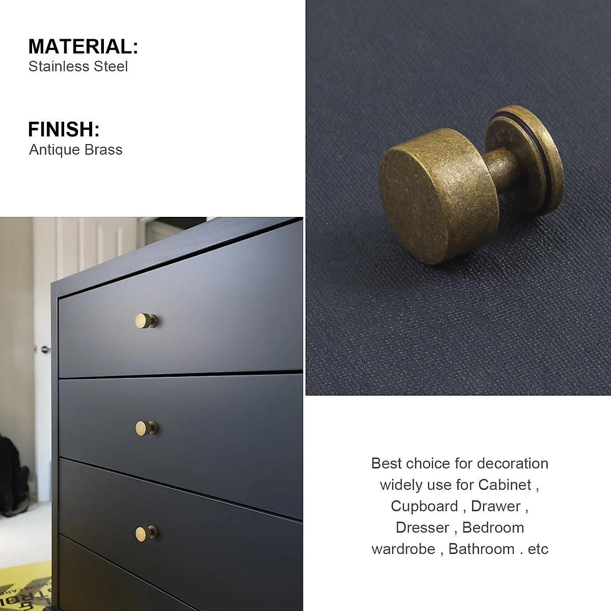 Yanxia Antique Brass Cabinet Knobs, Dresser Pulls for Kitchen, Vintage Drawer Hardware Handles for Bedroom, 1-1/8 Inches Diameter, 6 Pack (Model 9588)