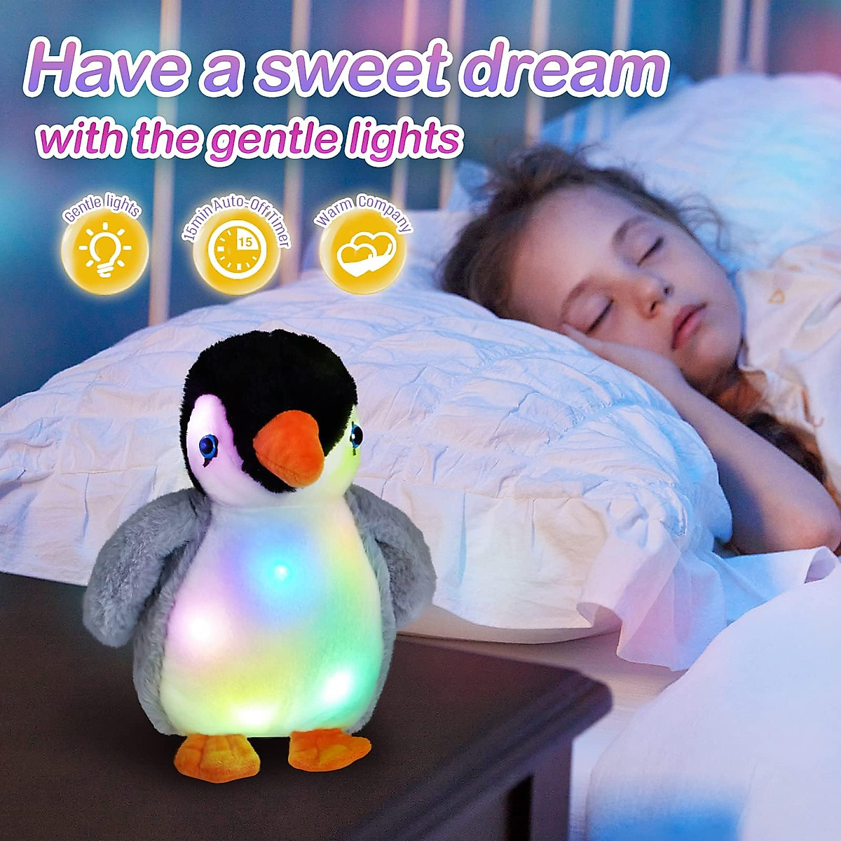 BSTAOFY Light up Penguin Stuffed Animal Glow Perky Adorable LED Floppy Plush Toy Nightlight Gift for Kids on Birthday Valentines Day Christmas Holiday, 11''