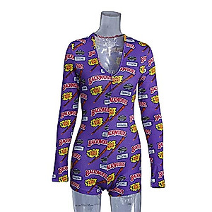 FIOMVA Sexy Women's Deep V Neck Bodycon Jumpsuit Long Sleeve One Piece Romper Sexy Shorts Pajama Overall for Womens (Medium,Purple Backwoods)