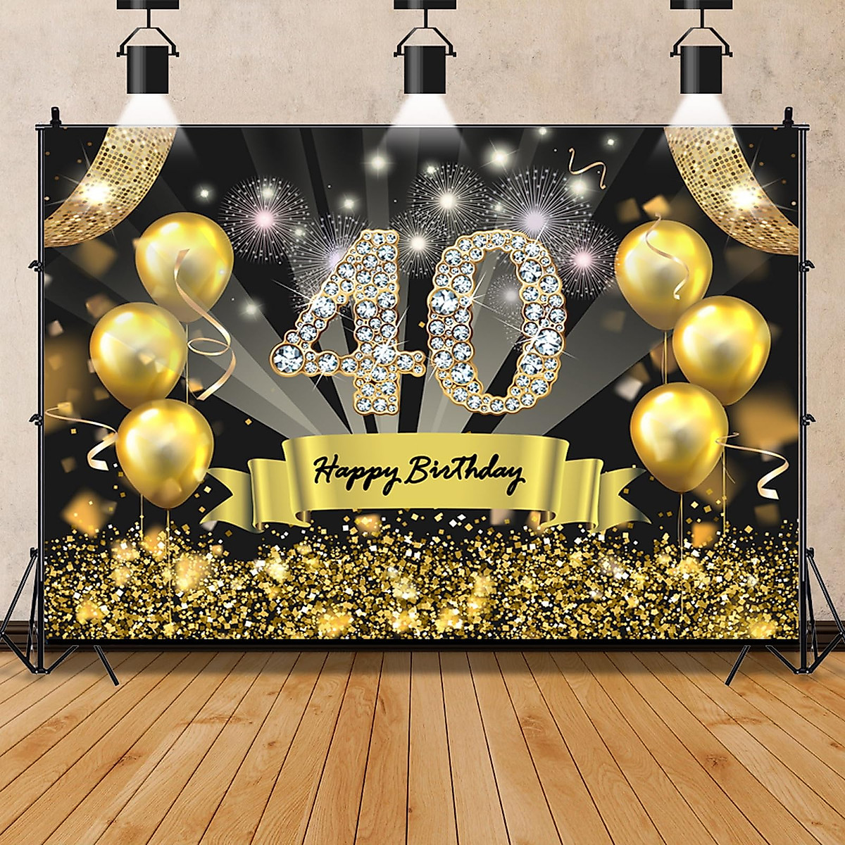 Happy 40th Birthday Backdrop Banner ,40 Years Old Birthday Decorations Party Supplies Black and Gold Party Decorations for Women Men Cake Table Decor Banner Photo Booth Props 71×45inch- Black Gold