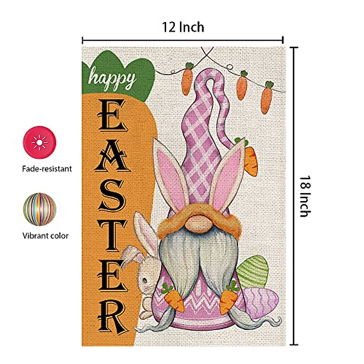 CROWNED BEAUTY Happy Easter Garden Flag Pink Gnome 12×18 Inch Double Sided Carrots Eggs Outside Vertical Holiday Yard Decor