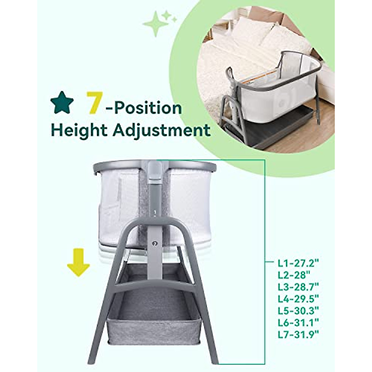 babyboat Bassinet Bedside Sleeper with 360° All Air Mesh, Bedside Crib with Storage Basket, Cozy Adjustable Portable Bassinets for Safe Co-Sleeping, Baby Crib for Infant/Newborn