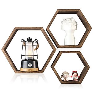 beardo decor 3-Pack Hexagon Shelves for Wall Wood Floating Shelves Honeycomb Shelves for Wall Wooden Shelves for Bathroom Kitchen Bedroom Living Room Floating Wood Shelves for Home Decor (Dark Color)