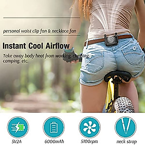 ALPIAZ Personal Portable Waist Clip Fan, 6000mAh Rechargeable Battery Operated Necklace Fan, 5100RPM,3 Speed,23 Hours ,For Workers, Climbing, Hiking, Outdoor Hot Terminator