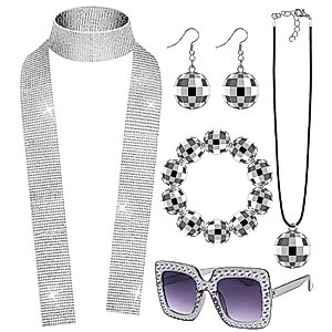 Dreamtop 70s Disco Accessories Women, 70s Disco Costume Set Disco Ball Earrings Bracelet Necklace Sunglasses Sequin Scarf Disco Ball Accessories