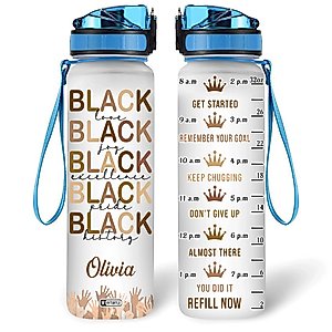 Hyturtle Personalized Black Love Joy Excellent African American 32oz Liter Motivational Water Bottle, Customized Name With Time Marker, Gifts For Black Women Men Family On Birthday Anniversary