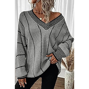 AlvaQ Women Sweaters Winter Fall Fashion Color Block Striped Sweaters Casual Long Sleeve V Neck Pullover Knit Jumper Tops Gray Medium
