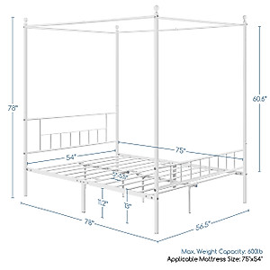 Yaheetech Metal Canopy Platform Bed Frame Four-Poster Canopied Bed Mattress Foundation with Headboard and Footboard Sturdy Slatted Structure No Box Spring Needed Easy Assembly Full White