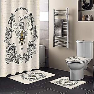 4 Piece Shower Curtain Sets with Bath Rugs Spring Farm Bee Floral Wreath Retro Newspaper,Non-Slip Floor Mat,Toilet Lid Covers,U-Shape Contoured Pad Bumblebee Crown Bathroom Set for Home Decor