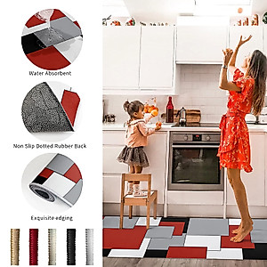 Geometry Abstract Art Kitchen Rugs Sets 2 Pcs Floor Mats White Grey Black Red Modern Art Geometric Doormat Non-Slip Rubber Backing Area Rugs Carpet Inside Door Mat Pad Sets,16"x 24"+16"x47"