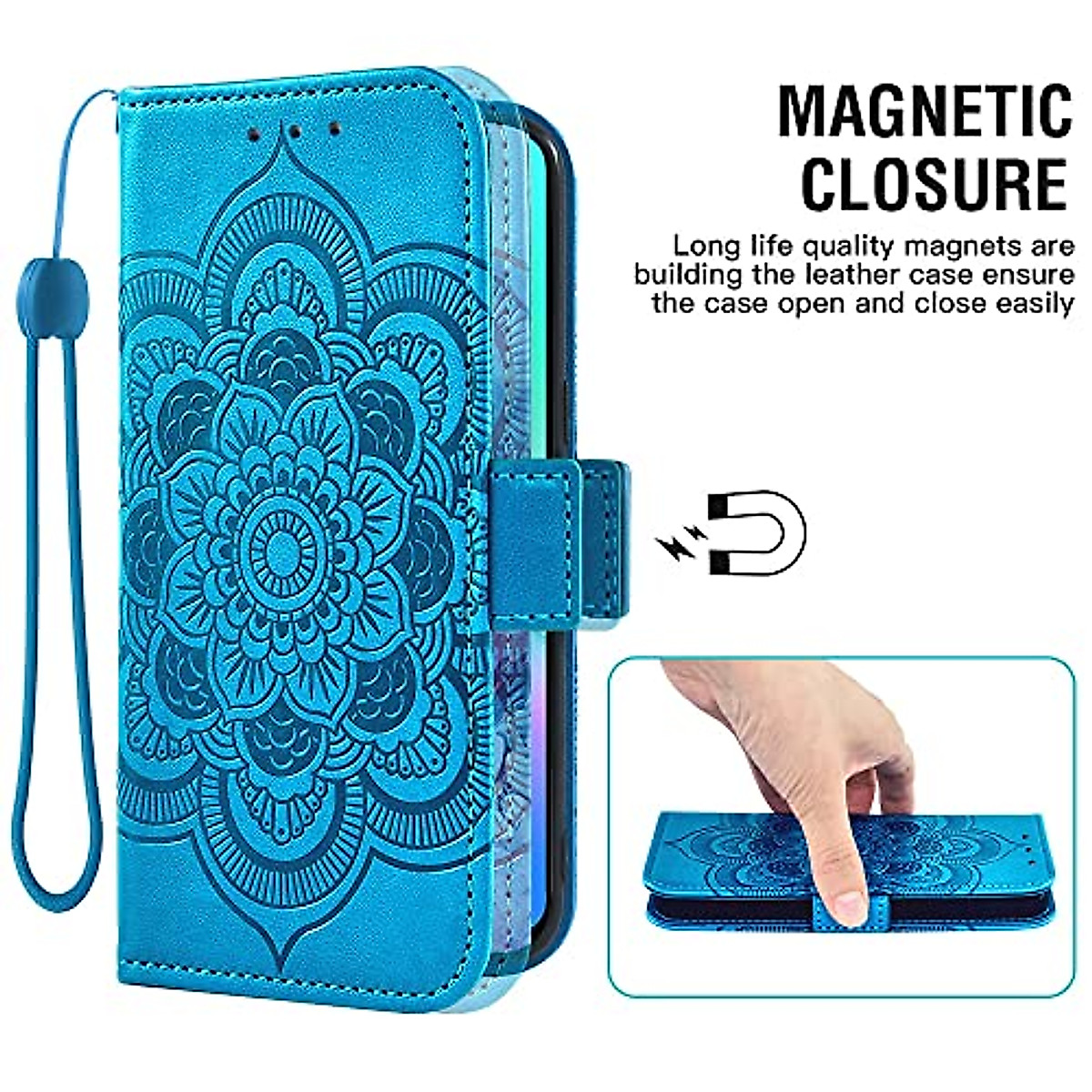 Asuwish Phone Case for Infinix Smart 5/Hot 10 Lite Wallet Cover with Tempered Glass Screen Protector and Leather Flip Credit Card Holder Stand Flower Folio Purse Cell Accessories X657B Women Men Blue