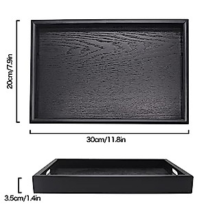 Solid Wood Serving Tray, Rectangle with Handle Hole Non-Slip Tea Coffee Snack Plate Food Meals Serving Tray with Raised Edges for Home Kitchen Restaurant(11.8x7.9x1.4, Black)