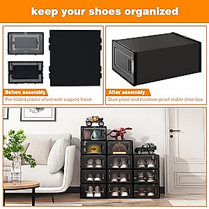 Fixwal Clear Shoe Storage Boxes Stackable, 12 Pack Large Shoe Storage Box with Front Opening Lids, Shoe Container Boxes for Closet Bedroom Bathroom, 13.1 x 9 x 5.5 Inches, Black