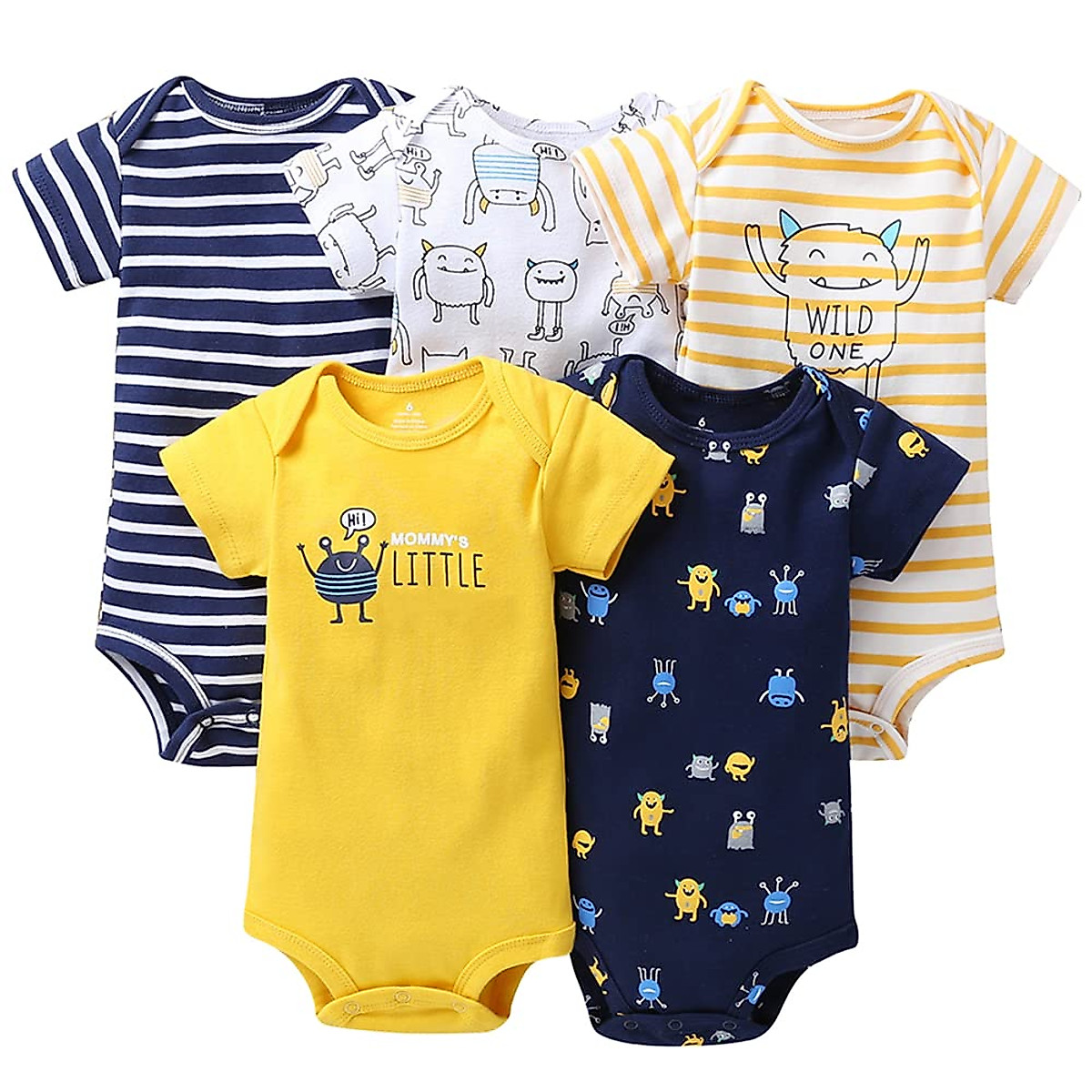 amropi Baby Boys Bodysuit Short Sleeve 5-Pack Cotton Rompers Outfits 6-9 Months, Yellow/Navy/White