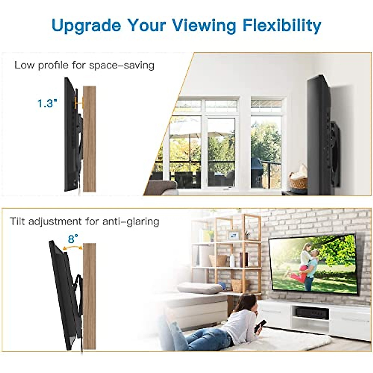 Pipishell UL Listed Tilt TV Wall Mount Bracket Low Profile for Most 23-55 Inch LED LCD OLED 4K Flat Curved TVs up to 99lbs Max VESA 400x400mm, 8° Tilting for Anti-Glaring, Fits 8-16 inch Wood Stud