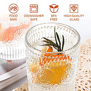 Lvtrupc 10Pcs Vintage Drinking Glasses - Romantic Highball Glasses & Rocks Glasses, Striped Glass Tumbler Cups for Water Coffee Juice Cocktail, Luxurious Floral Embossed Clear Glassware Set