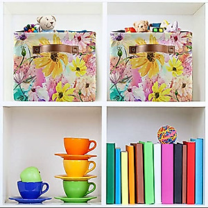 Kigai Colorful Flowers Storage Basket with Handles Collapsible Storage Bins Canvas Fabric Storage Organizer for Shelves Closet Bedroom Living Room 2Pack