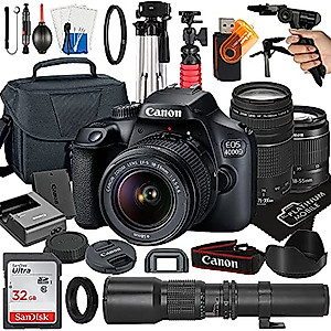 Canon EOS 4000D / Rebel T100 DSLR Camera with EF-S 18-55mm + EF 75-300mm + 500mm Preset Manual Focus Lens + SanDisk 32GB Card + Tripod + Case + MegaAccessory Bundle (24pc Bundles) (Renewed)