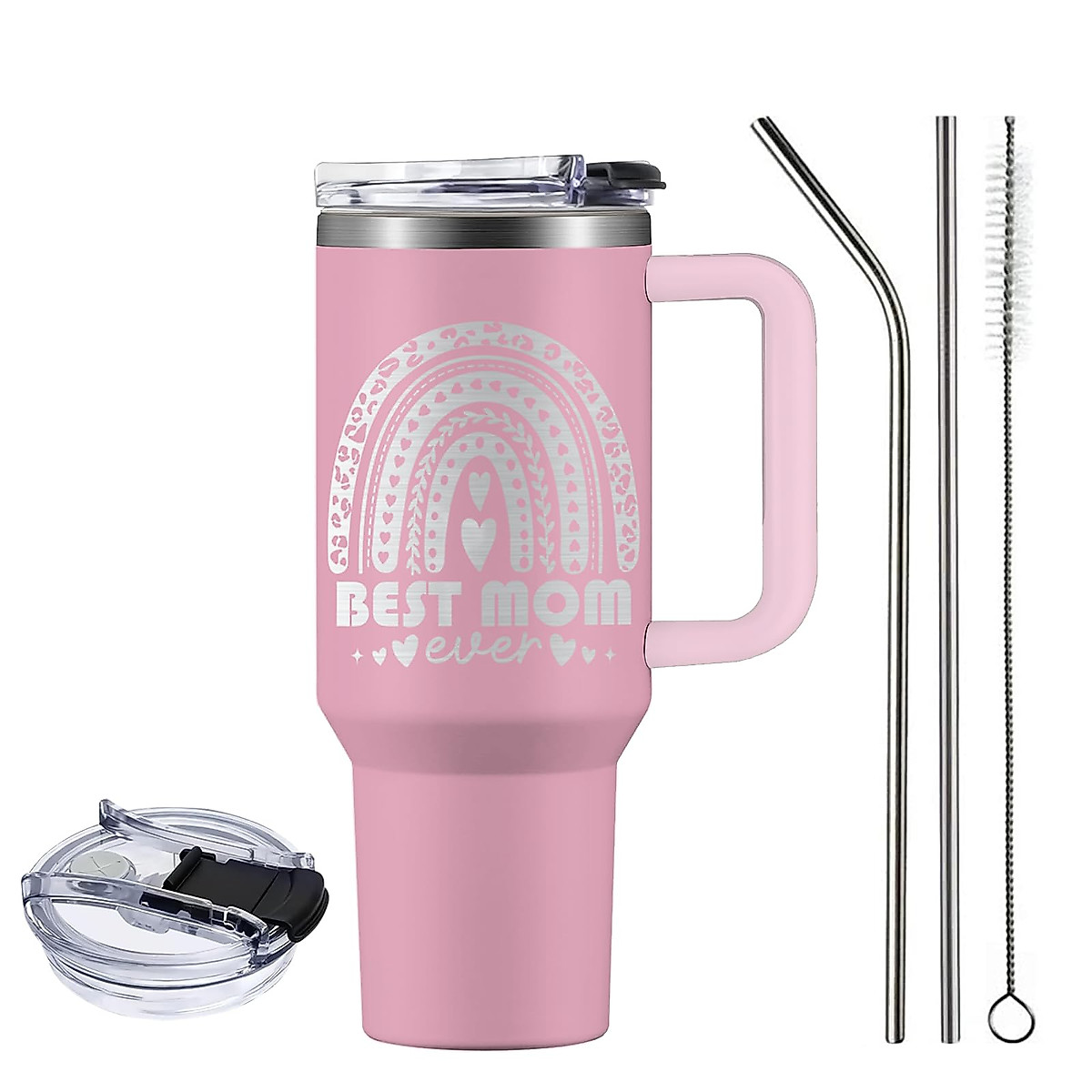 NIAXAUYT Gifts for Mom, Best Mom Ever Tumbler 40oz with Handle and Straw, Mama/Mom Gifts From Daughter Son, Mom Birthday Gifts, Mothers Day Presents Ideas, Christmas Gifts for Best Mom Ever Mug, Pink