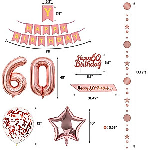 Yawagor 29 Pieces Rose Gold 60th Birthday Decorations for Women, Happy Birthday Decor Set-60th Birthday Anniversary Foil Balloons, Sash, Cake Topper, Fringe Curtains for Home Indoor Party Supplies