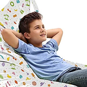 Lunarable Flamingo Cream Lounger Chair Bag, Colorful Hawaiian Print of Travel Items and Polka Dots Vacation Beach Theme, High Capacity Storage with Handle Container, Lounger Size, Multicolor