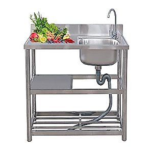 Utility Sink Single Bowl Stainless Steel Commercial Kitchen Sink w/Single Cold and Hot Faucet,with Left Right Drainboard for Laundry Backyard Garage Camping Portable Handwashing S
