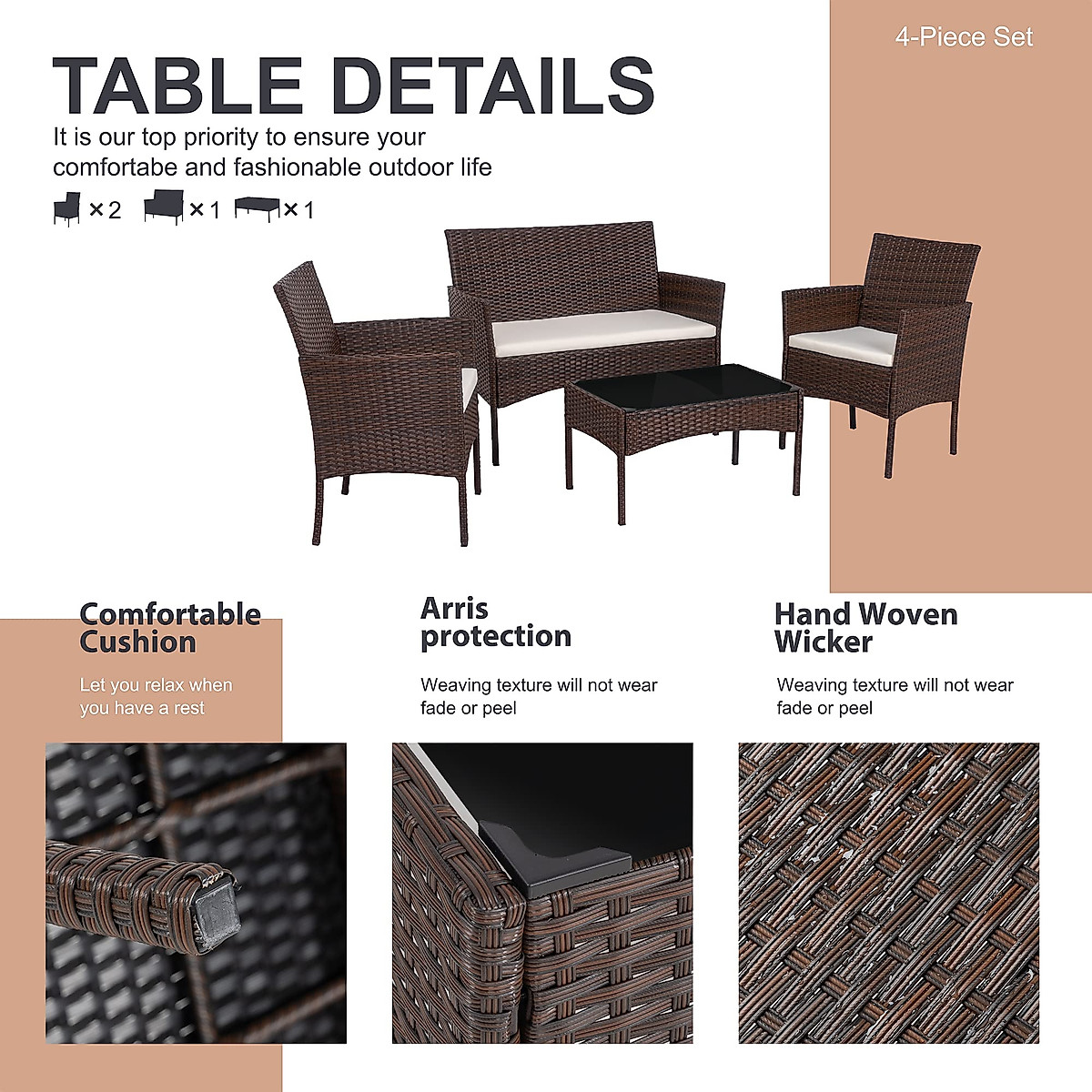 SUNLEI 4 Pieces Outdoor Patio Furniture Sets Conversation Sets Rattan Chair Wicker Set,Coffee Table,Outdoor Indoor Use Backyard Porch Garden Poolside Balcony Furniture(Brown Rattan/White)