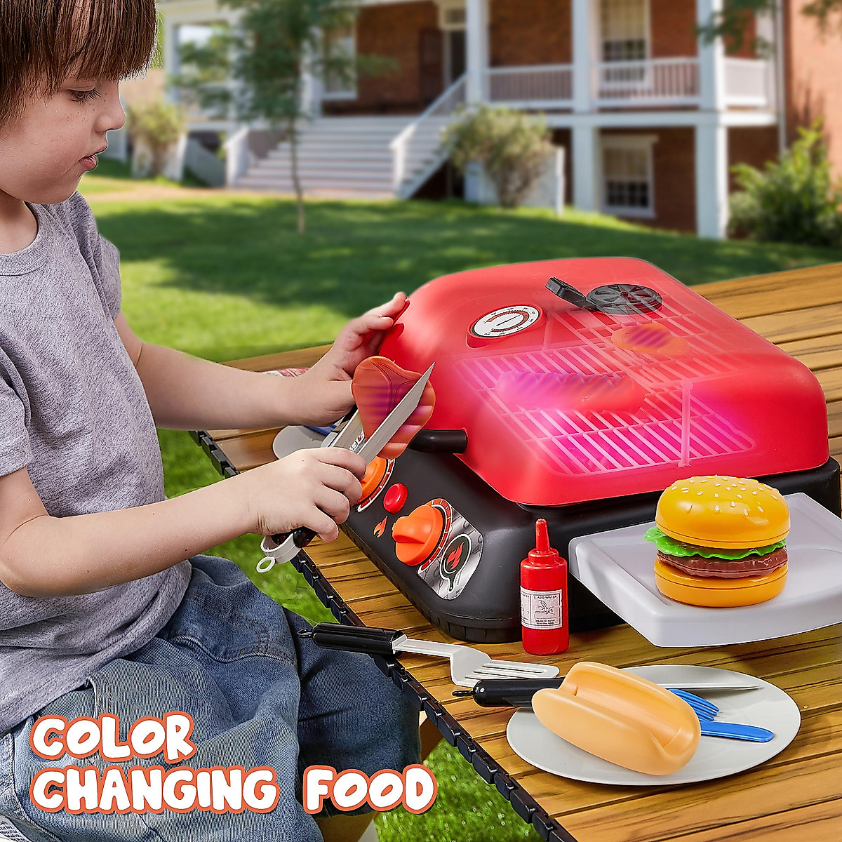 Extra Large 2-Layer BBQ Grill Playset with Pretend Smoke, Light, Sound & Color-Changing Food, Kitchen Toy Set,Pretend BBQ Grill Toy Set for Kids (25X13X12 Inch)
