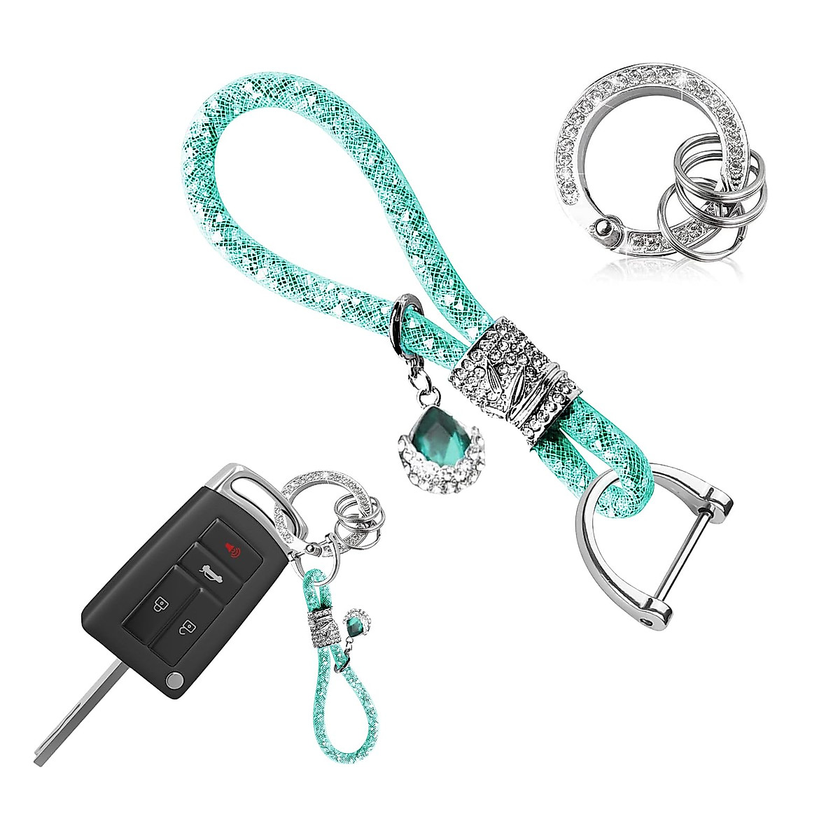 Ziciner Bling Crystal Car KeyChains for Women & Girls, Car Key Chain Glitter Key Ring, Universal Bling Key Chain Accessories (Green)
