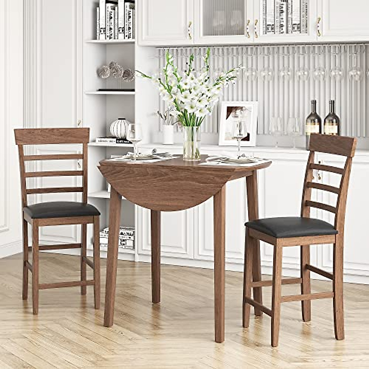 Voohek, Walnut 3-Piece Dining Set w/Drop-Leaf, 2 Upholstered Chairs,Counter Height Furniture, with PU Leather Cushion for Kitchen, Small Space, Bar