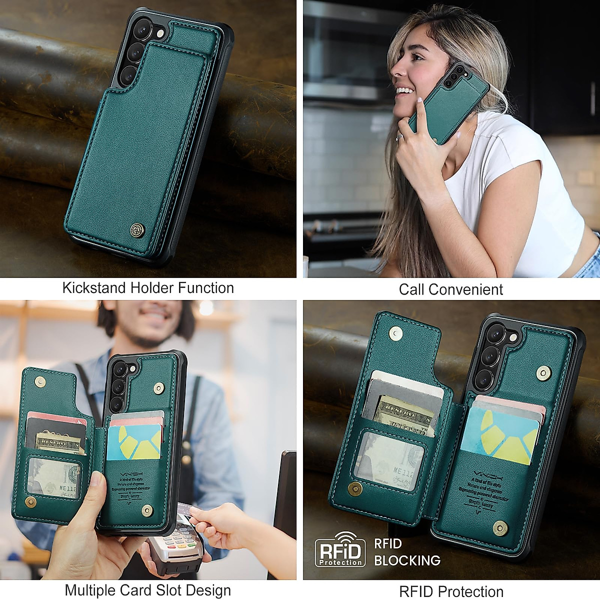 Vinich for Samsung Galaxy S23 Plus Case with Card Holder, for Samsung S23 Plus Wallet Case for Women Men with RFID Blocking, Durable Kickstand Shockproof Case for Galaxy S23 Plus 5G, Bluish Green