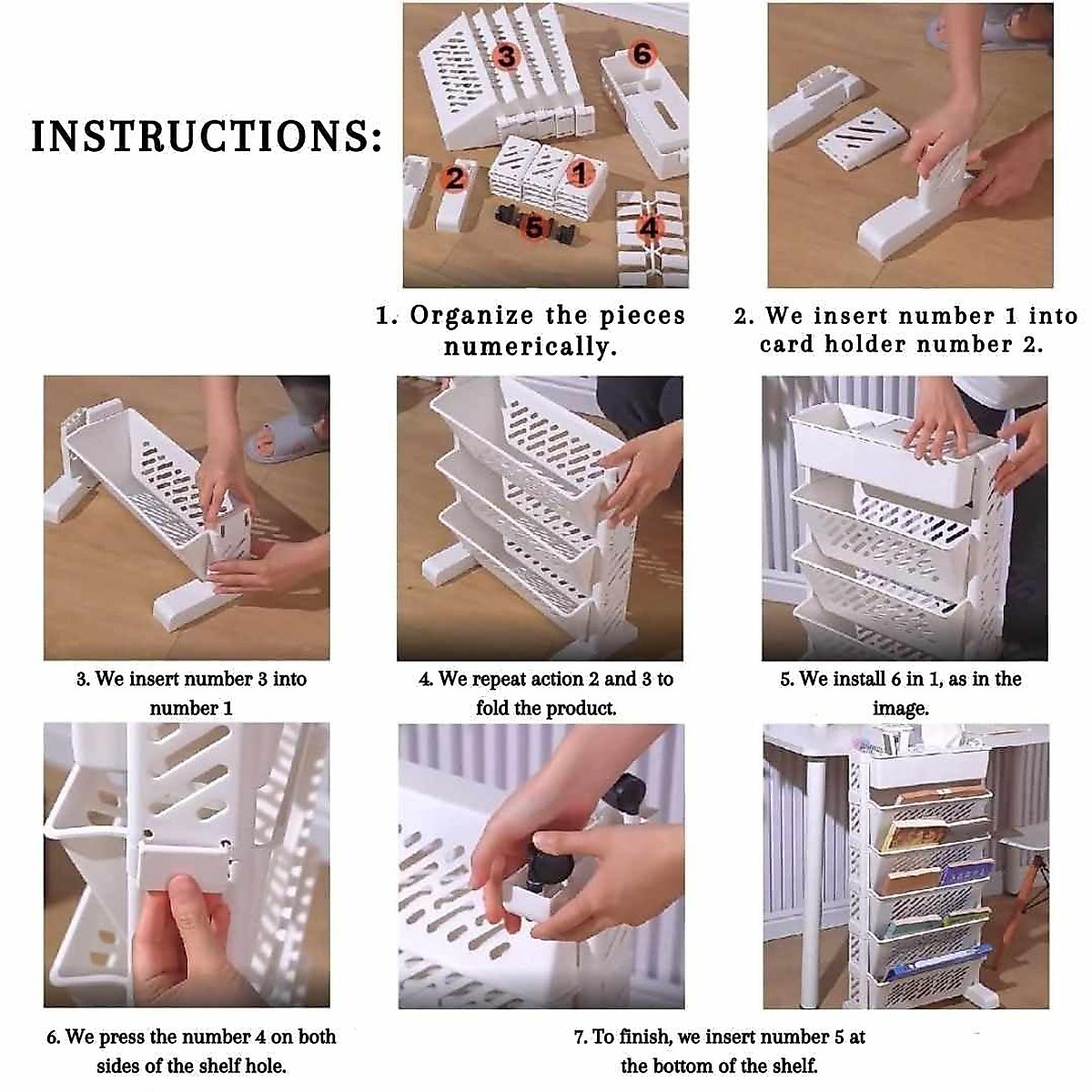 Multifunctional Storage for Books, White Rotating Shelf with 6 Levels, Plastic Bookcase on Wheels!