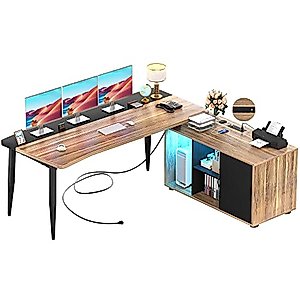 Unikito L Shaped Desk with File Cabinet & Power Outlet, 55 Inch Large Corner Computer Desks with LED Strip, L-Shaped Computer Desk with Door and Storage Shelves for Home Office, Rustic Walnut